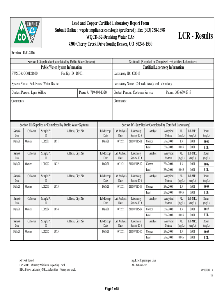 Fillable Online Lead and Copper Certified Laboratory Report Form Fax ...