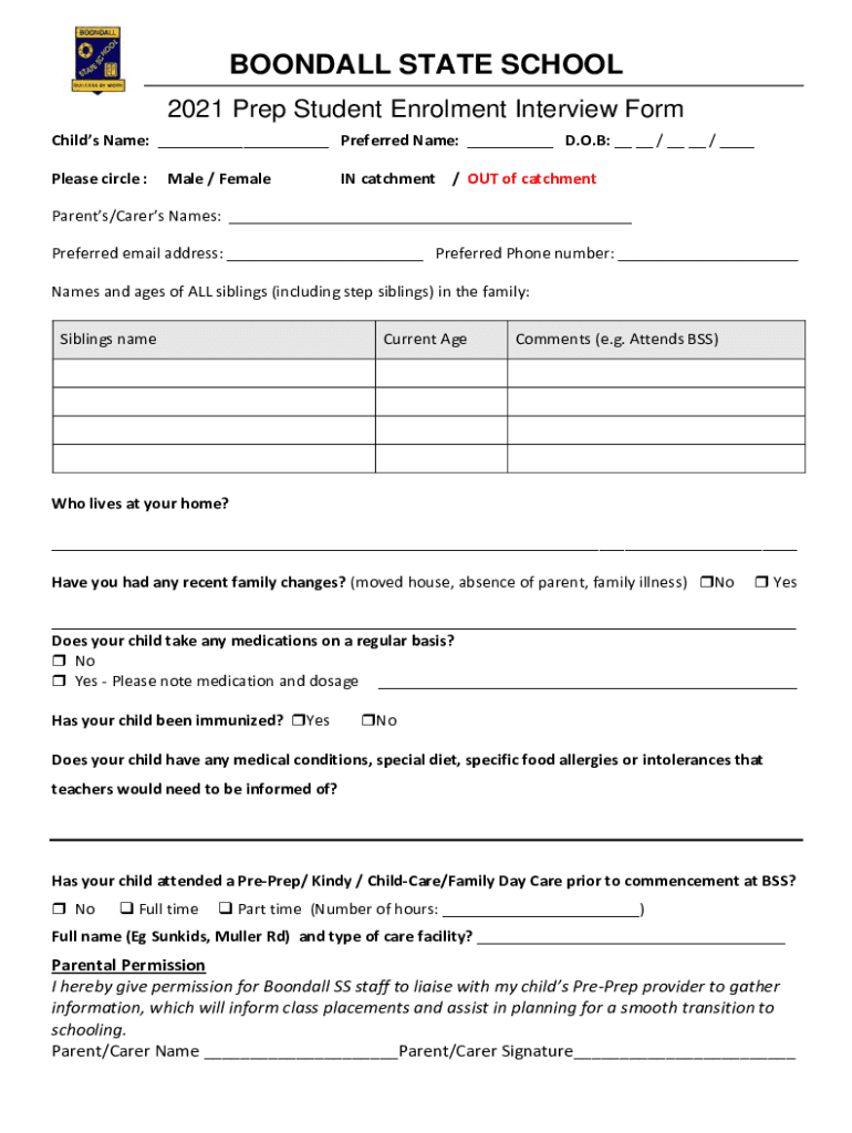 Fillable Online boondallss eq edu 2021 Prep Student Enrolment Interview ...