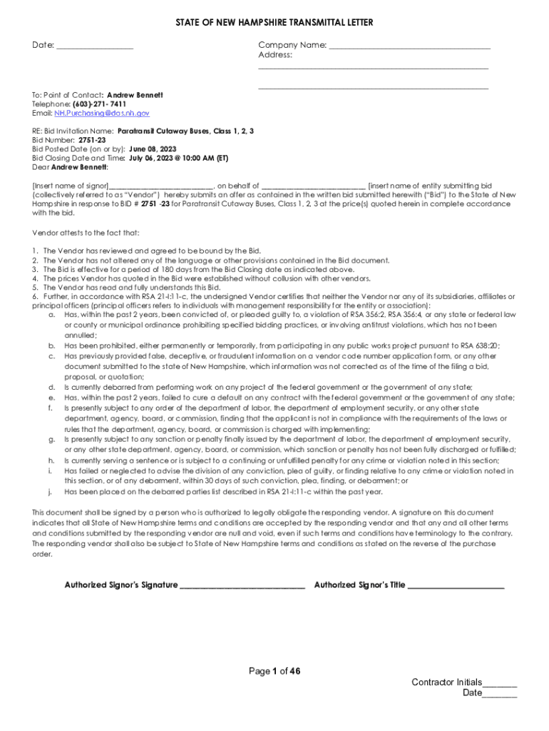 Fillable Online RE: Bid Invitation Name: Paratransit Cutaway Buses ...