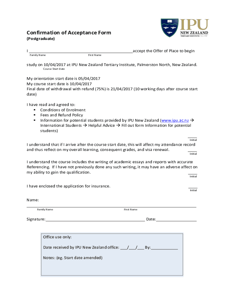 Fillable Online Confirmation of Acceptance Form (Postgrad).docx Fax Email Print - pdfFiller