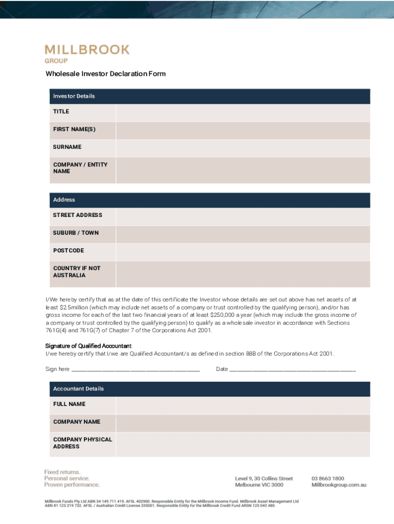 Fillable Online Millbrook Group - Wholesale Investor Declaration Form ...