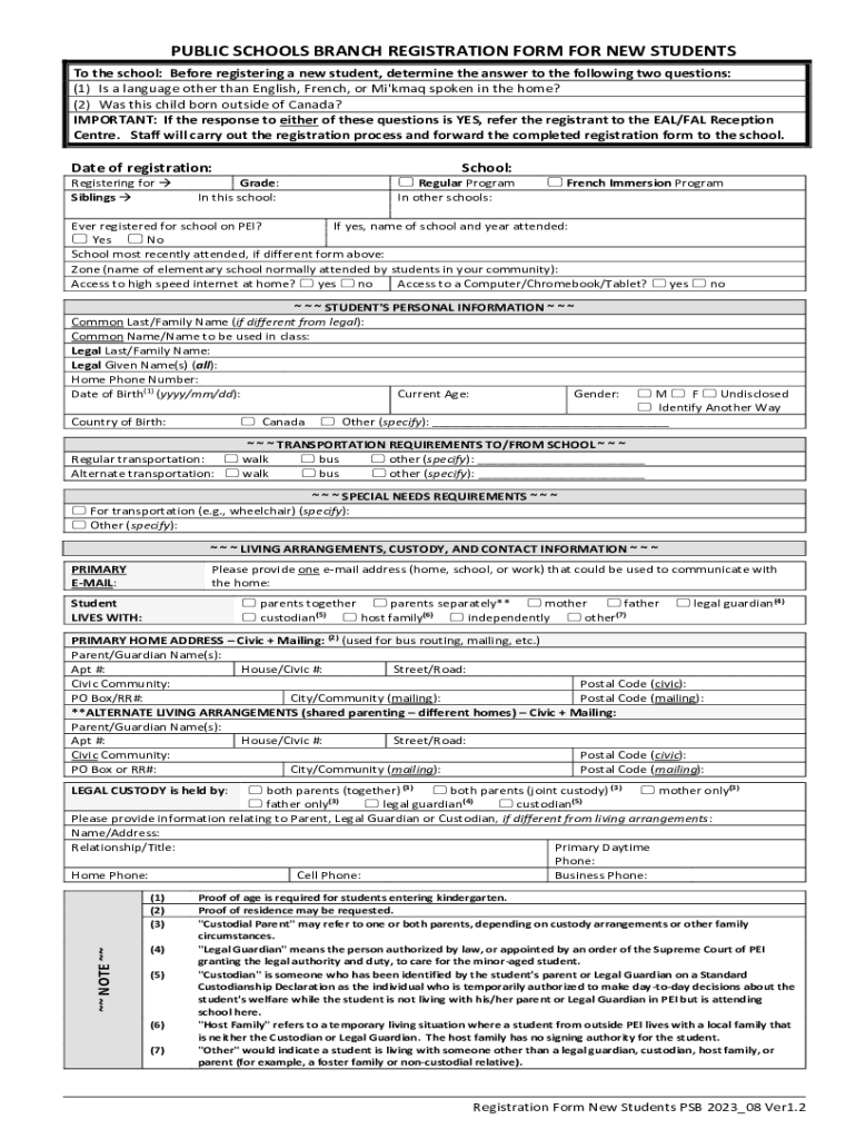 Fillable Online Registration Form New Students PSB - West Royalty ...