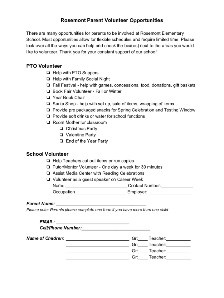 Fillable Online Rosemont Parent Volunteer Opportunities PTO Volunteer ...