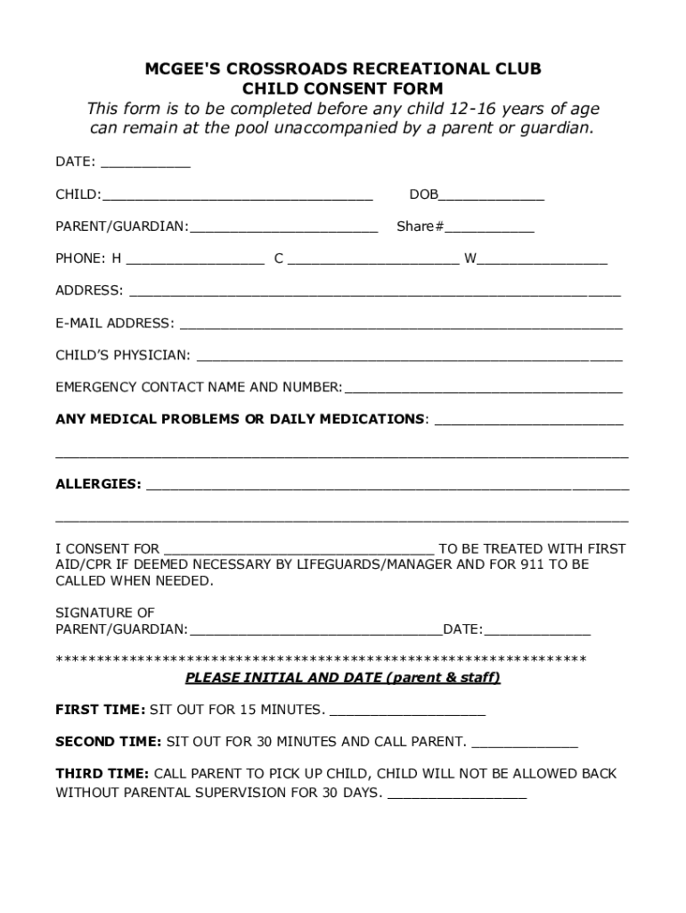 Fillable Online mcgee's crossroads recreational club child consent form ...