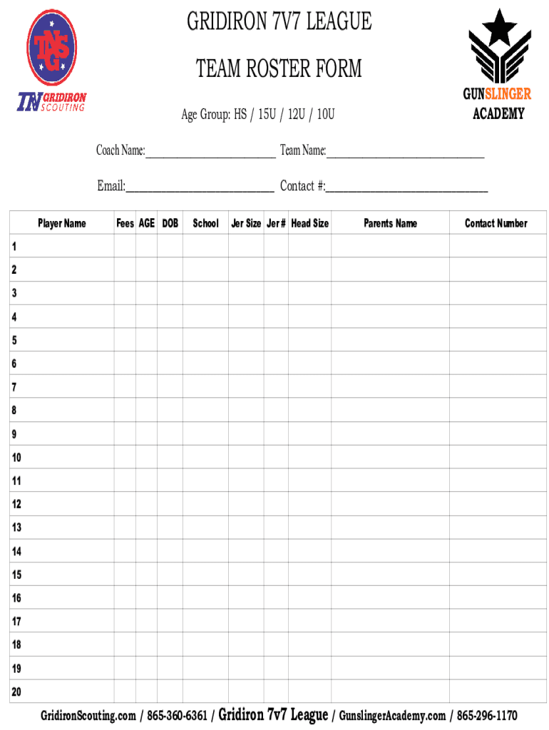 Preenchível Disponível GRIDIRON 7V7 LEAGUE TEAM ROSTER FORM Fax Email ...