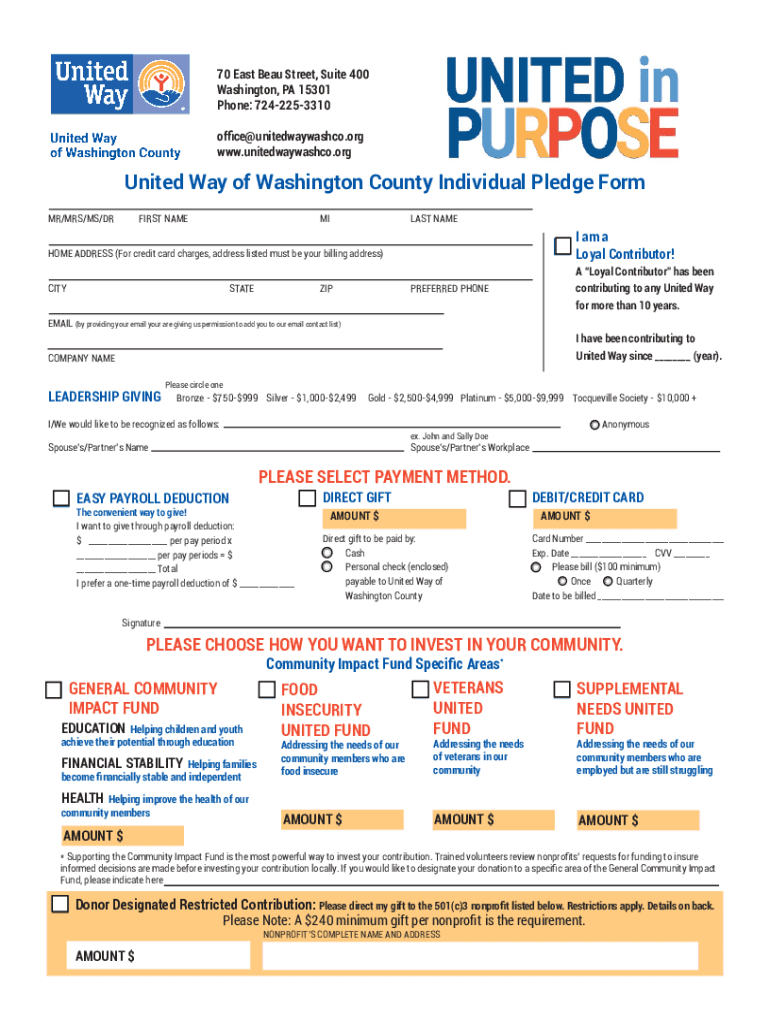 Fillable Online United Way of Washington County Individual Pledge Form ...