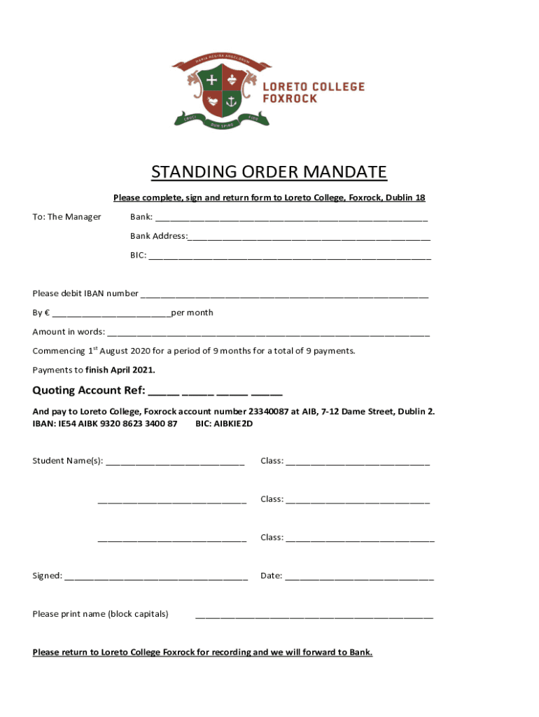 Fillable Online STANDING ORDER MANDATE - Dublin Fax Email Print - pdfFiller