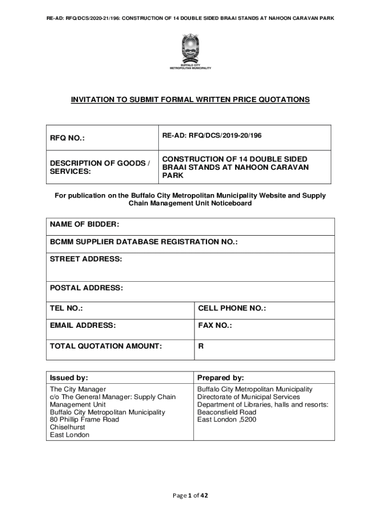 Fillable Online RE-AD: RFQ/DCS/2020-21/196: CONSTRUCTION OF 14 DOUBLE SIDED BRAAI STANDS AT ...