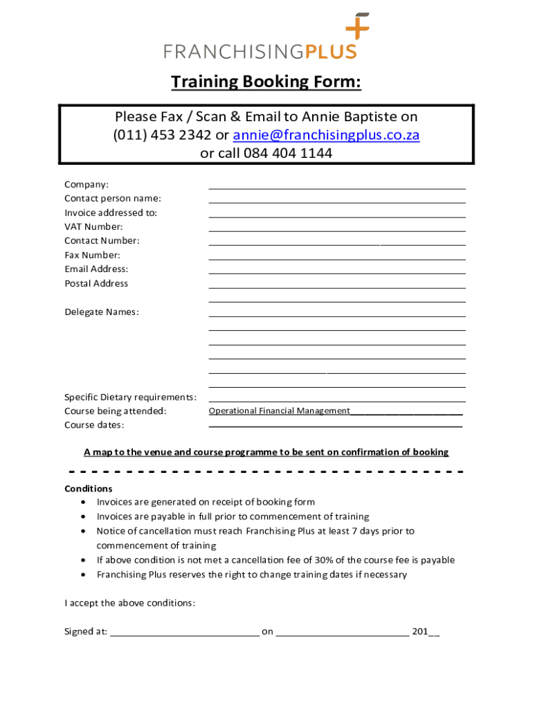 Fillable Online Training Booking Form Template Word Fax Email Print ...