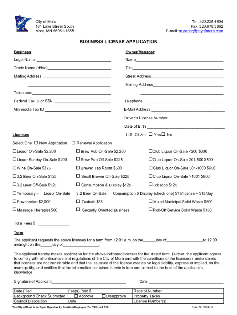 Fillable Online BUSINESS LICENSE APPLICATION Instructions 1 ... - Mora, MN Fax Email Print ...