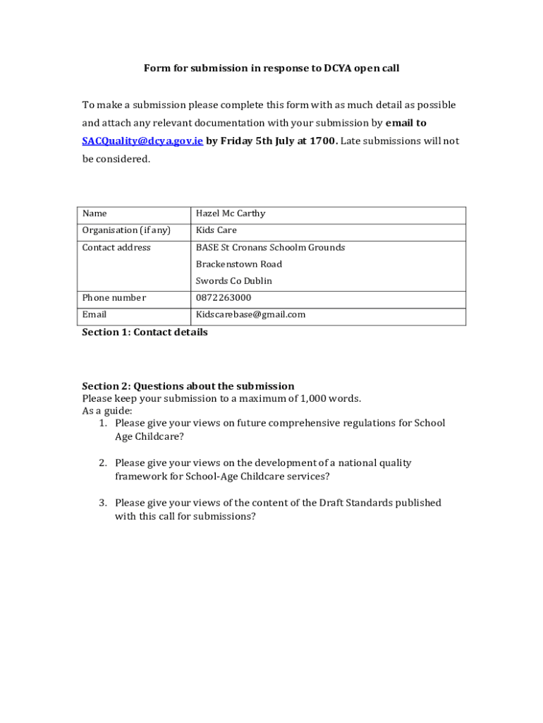 Fillable Online T Form for submission in response to DCYA open call Fax ...