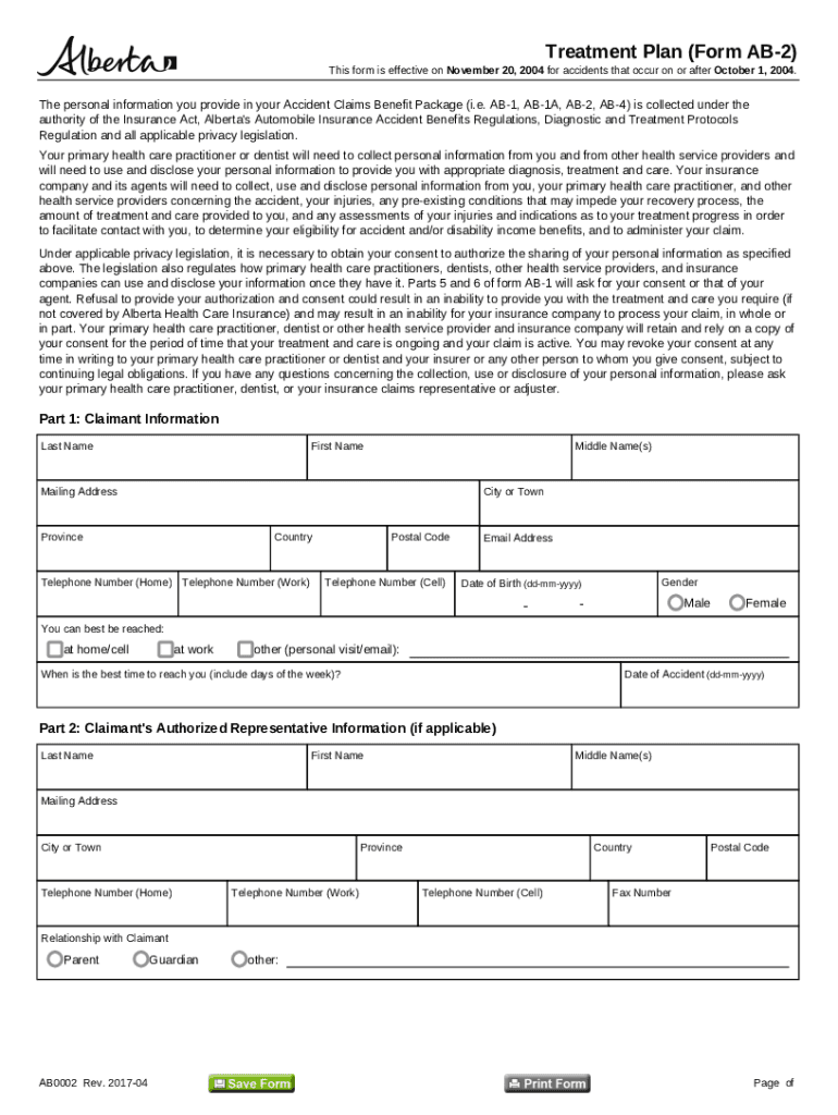 Fillable Online Treatment Plan (Form AB-2). Used for accidents that ...