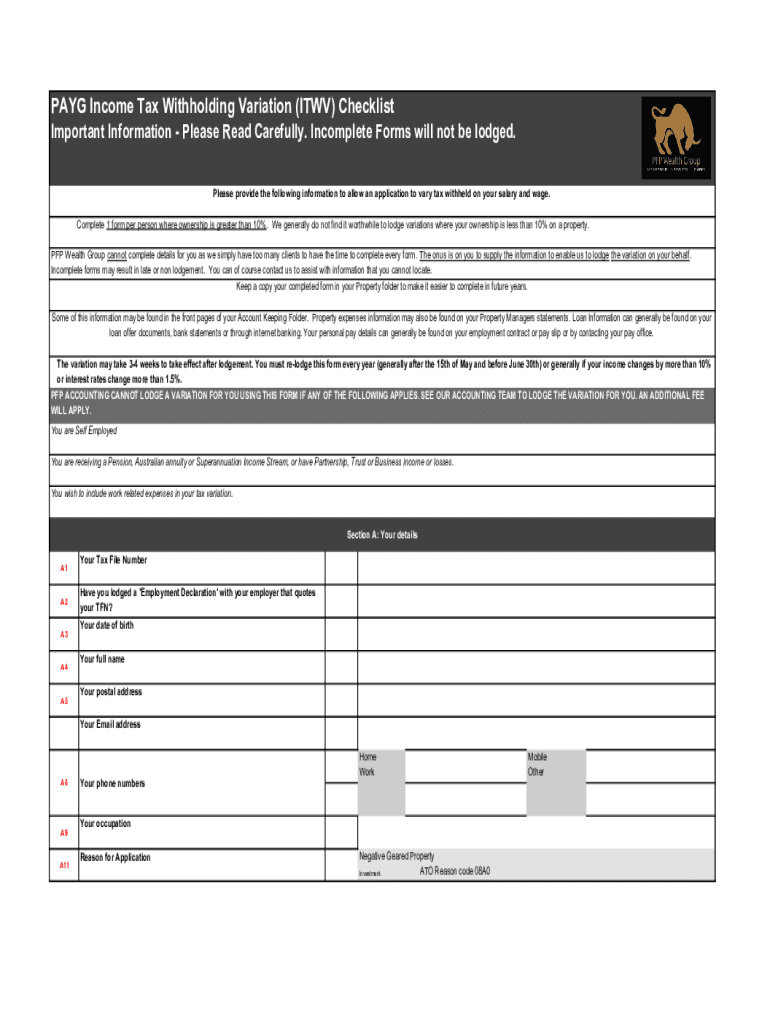 Fillable Online PAYG Income Tax Withholding Variation ... - PFP Wealth ...