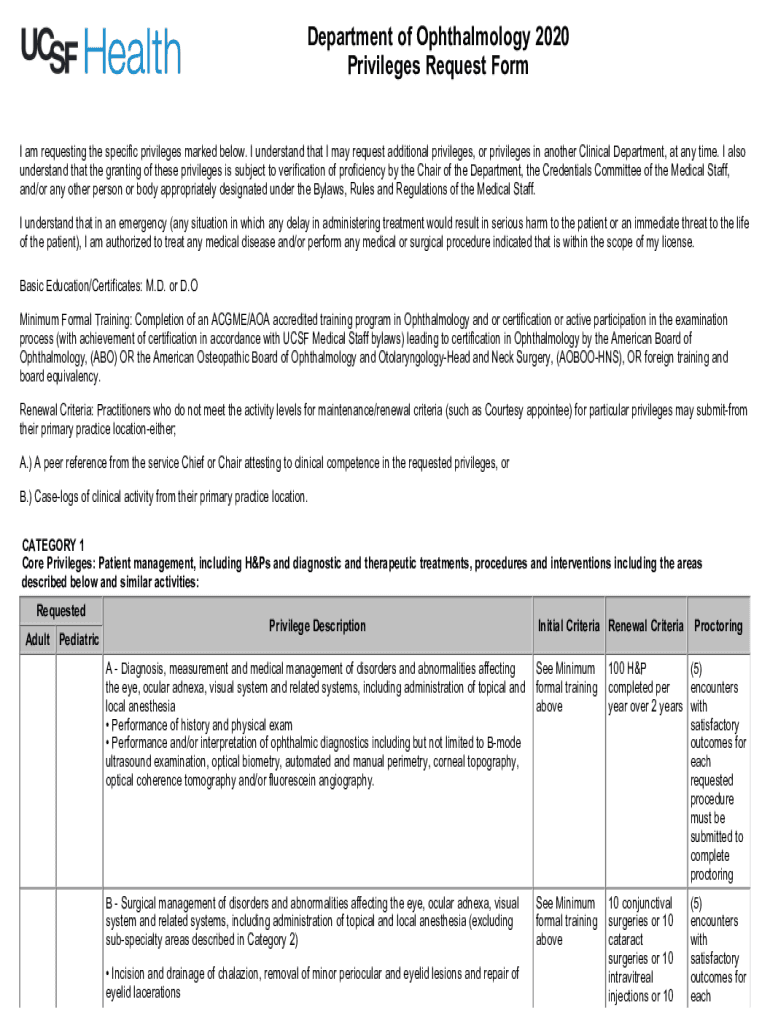 Fillable Online Department of Ophthalmology 2020 Privileges Request Form Fax Email Print - pdfFiller