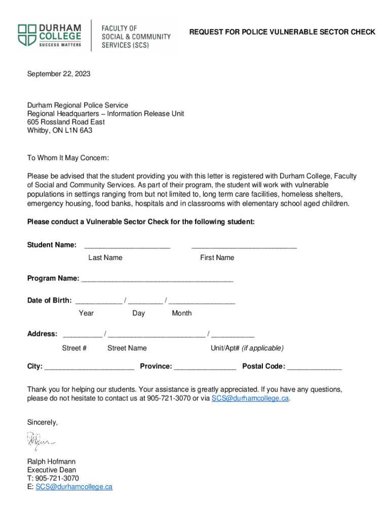 Fillable Online Durham Regional Police Service Vulnerable Sector Check ...