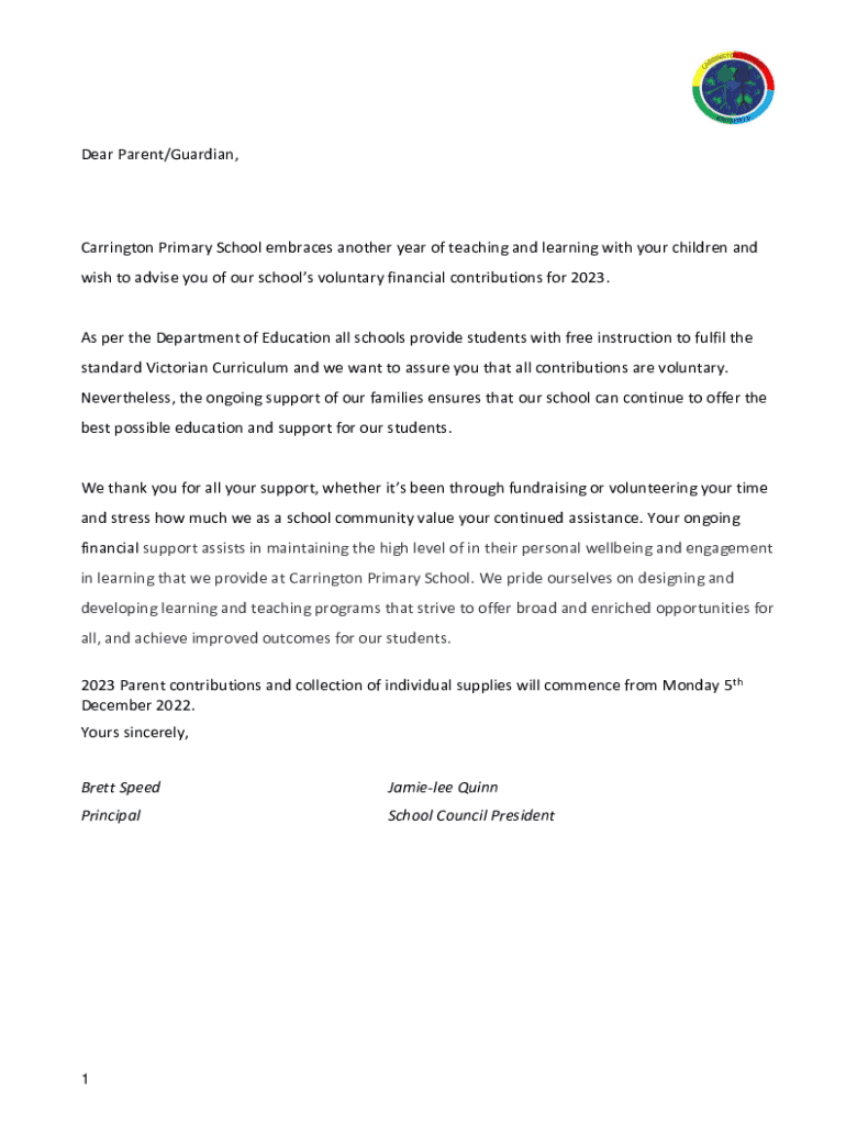 Fillable Online Parent Payment Arrangements Template (Primary ...