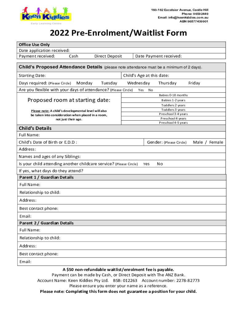 Fillable Online Keen Kiddies Early Learning Centre - Waitlist Form Fax ...