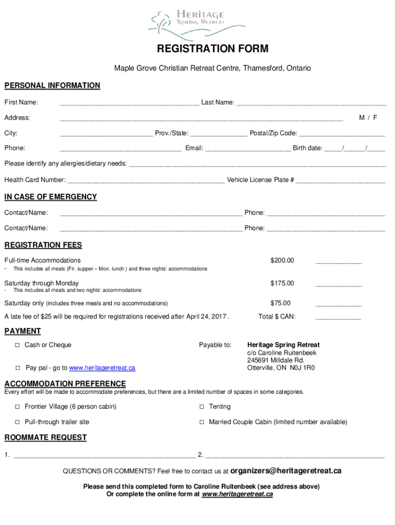 Fillable Online Maple Grove Christian Retreat Centre - Christian Camping Fax Email Print - pdfFiller