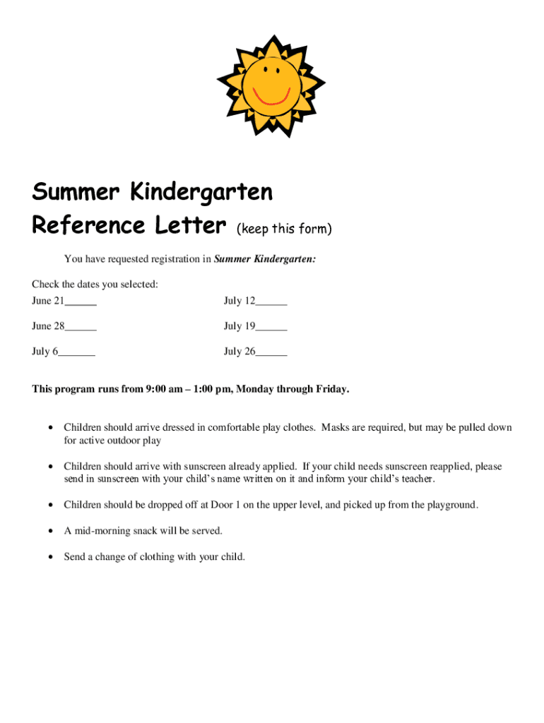 Fillable Online Summer Kindergarten Reference Letter (keep this form ...