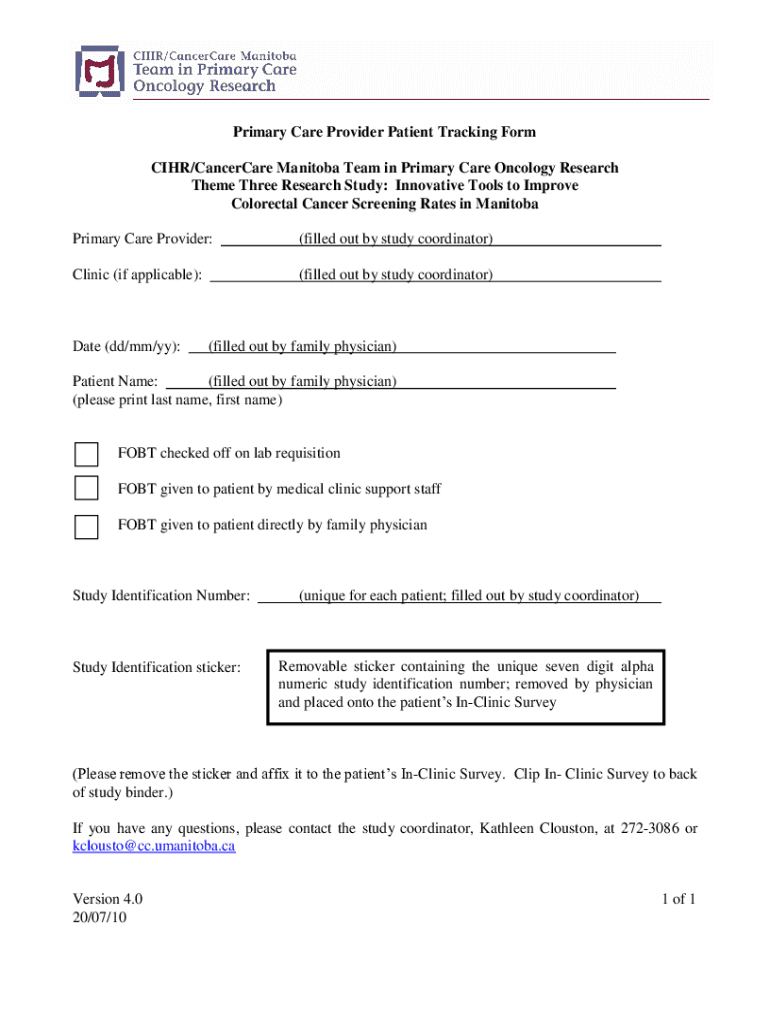 Fillable Online Primary Care Provider Patient Tracking Form Fax Email ...