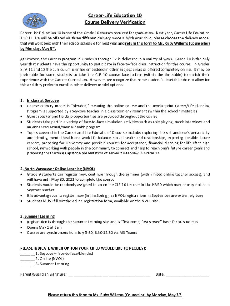 Fillable Online Career-Life Education 10 Course Delivery Verification ...