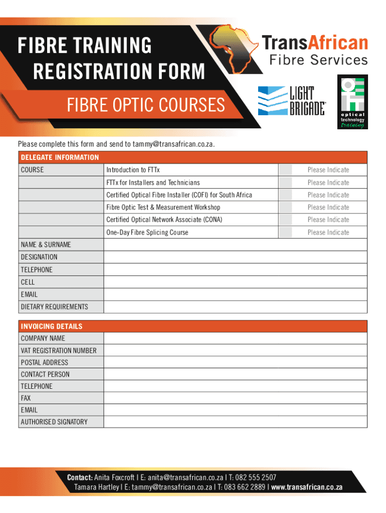 Fillable Online FIBRE TRAINING REGISTRATION FORM Fax Email Print ...