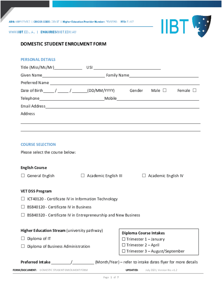 Fillable Online Domestic Student Enrolment Form v1.2 Fax Email Print ...