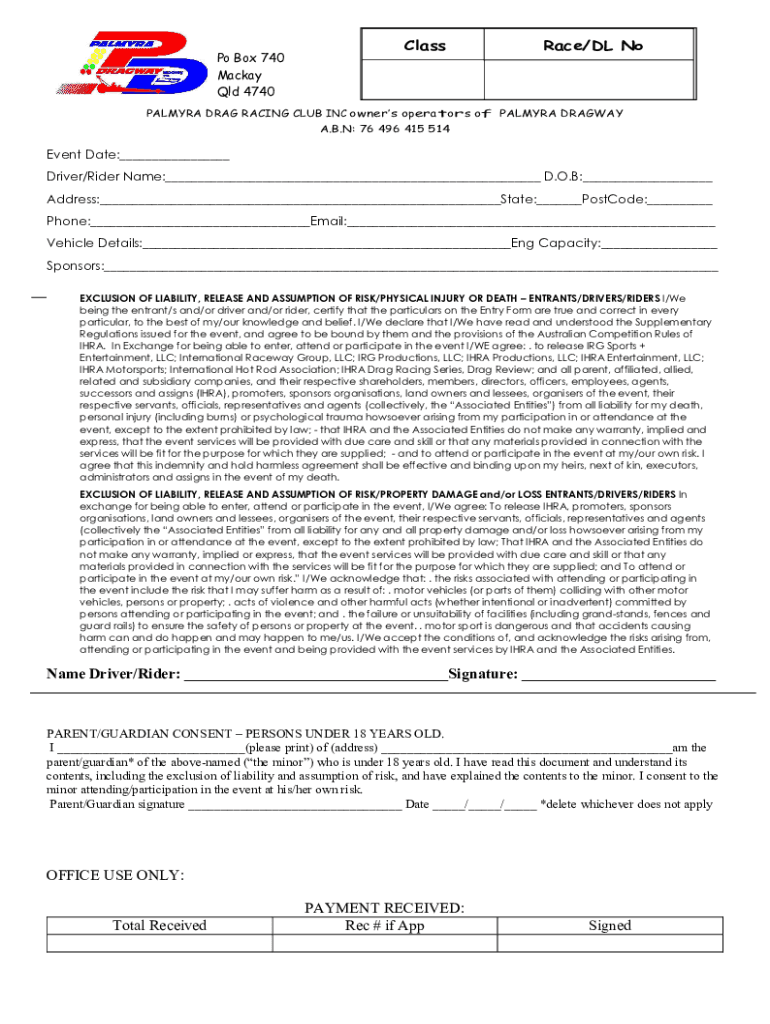 Fillable Online Palmyra Drag Racing Club Inc. Fax Email Print - pdfFiller