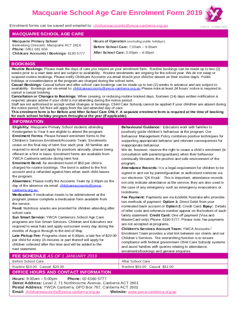Macquarie School Age Care Enrolment 2020 - ywca-canberra org Doc Template | pdfFiller