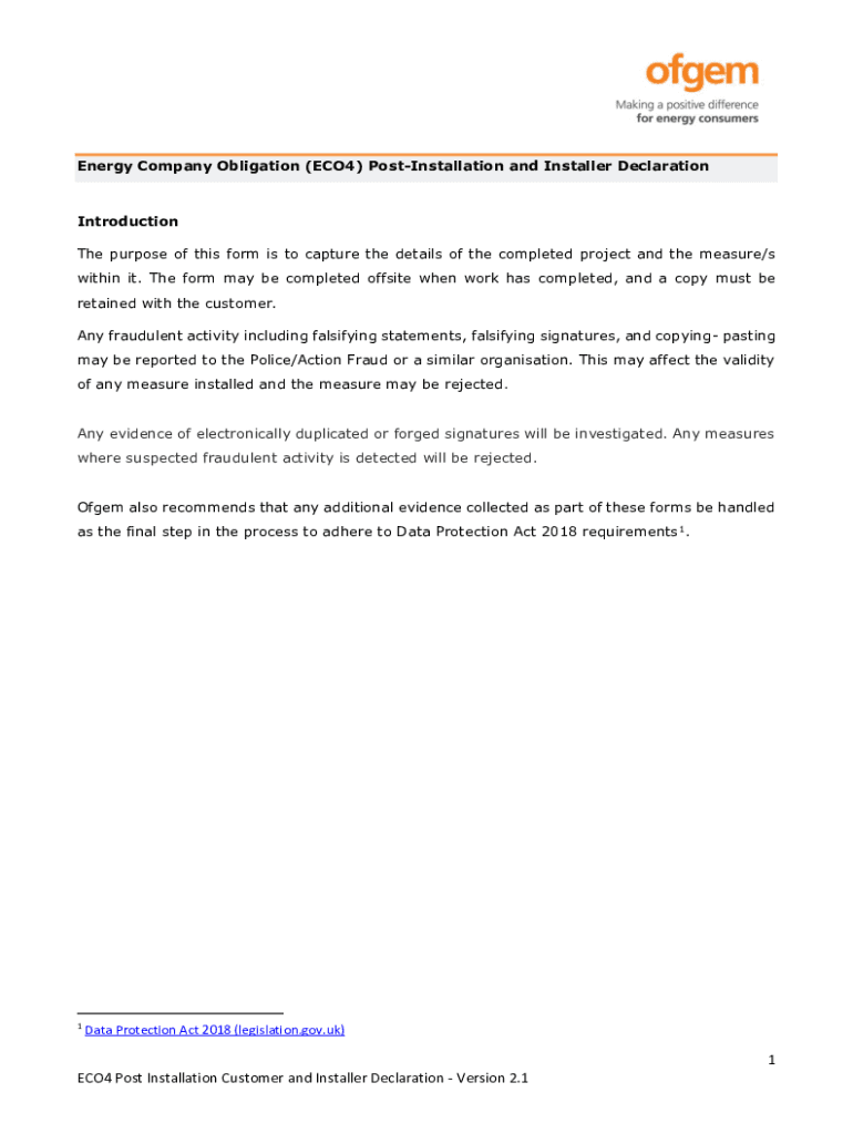 Fillable Online ECO4 Post Installation Customer and Installer ...