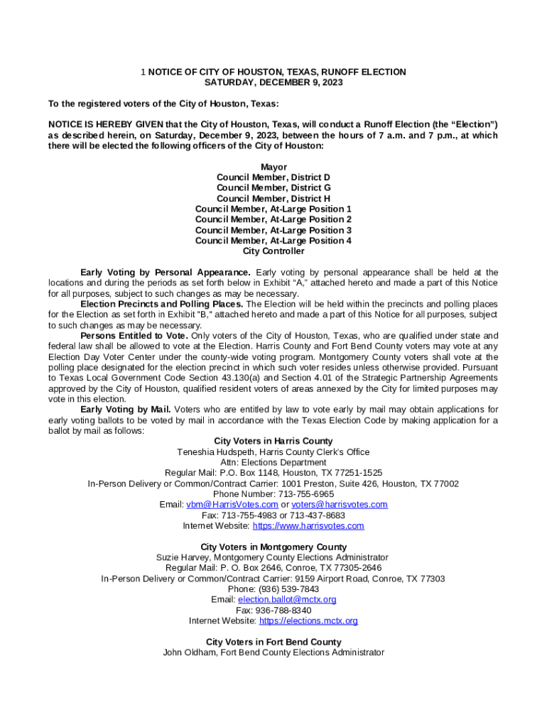 notice of city of houston, texas, runoff election Doc Template | pdfFiller
