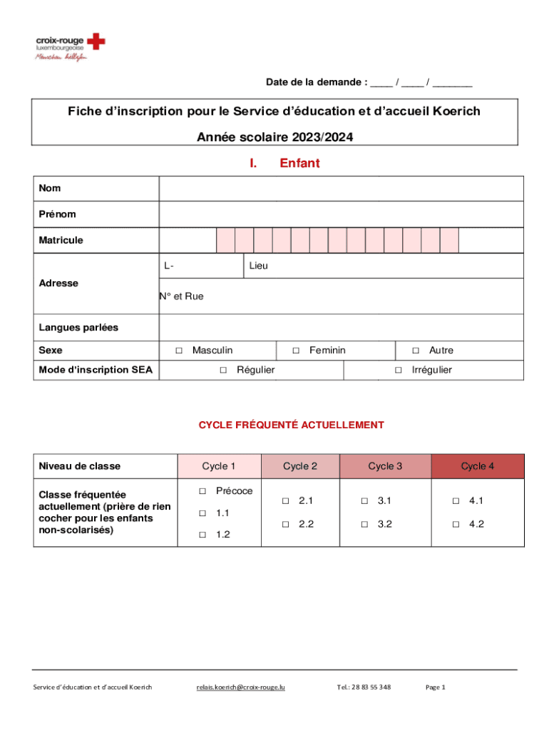 Remplissable En Ligne Fiche dinscription pour le Service dducation et daccueil Koerich Fax Email ...