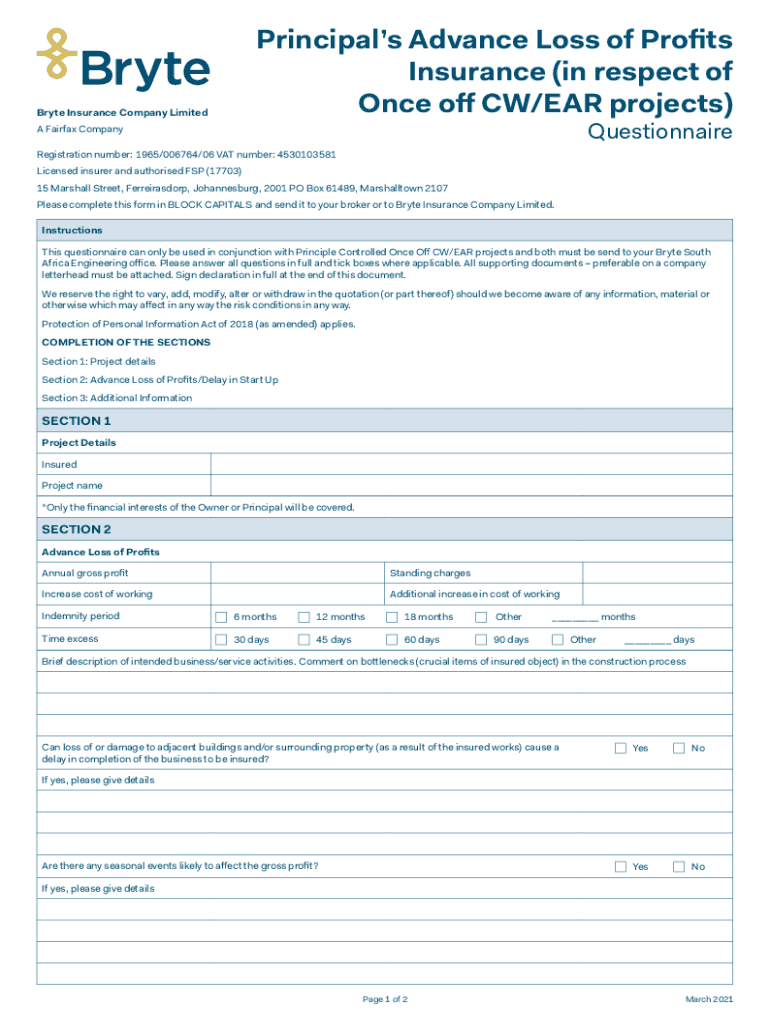 Fillable Online Principal's Advance Loss of Profits Insurance (in ...