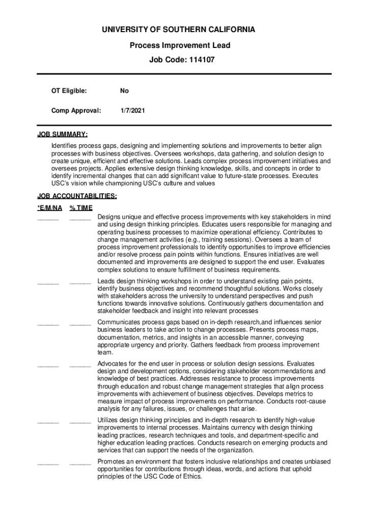 Fillable Online Process Improvement Lead Job Code: 114107 Fax Email Print - pdfFiller