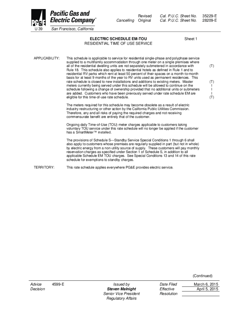 Fillable Online Sheet 1 Residential Care Program Time-Of-Use Service ...