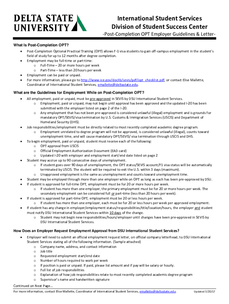 Fillable Online Post-Completion OPT Employer Guidelines & Letter Fax Email Print - pdfFiller