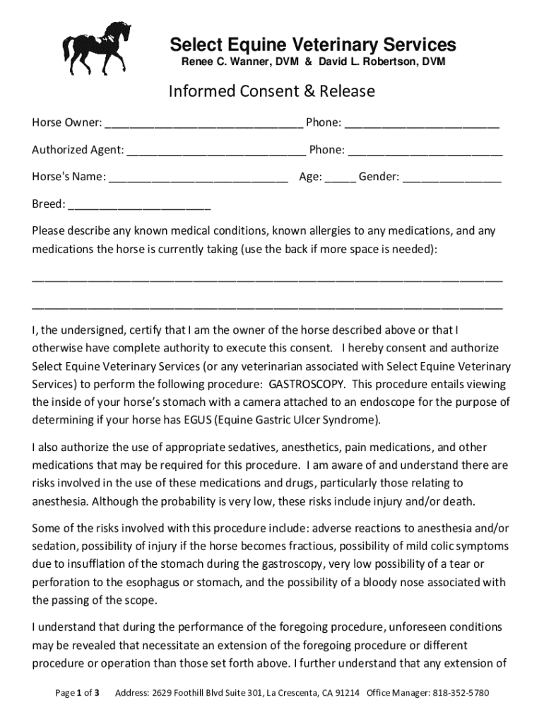 Fillable Online Select Equine Veterinary Services - La canada way Fax Email Print - pdfFiller