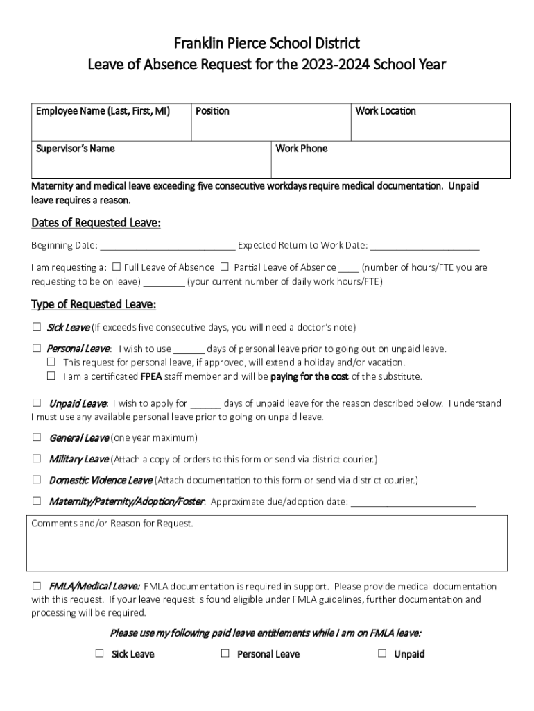 Fillable Online Franklin Pierce School District Leave of Absence Request ... Fax Email Print ...
