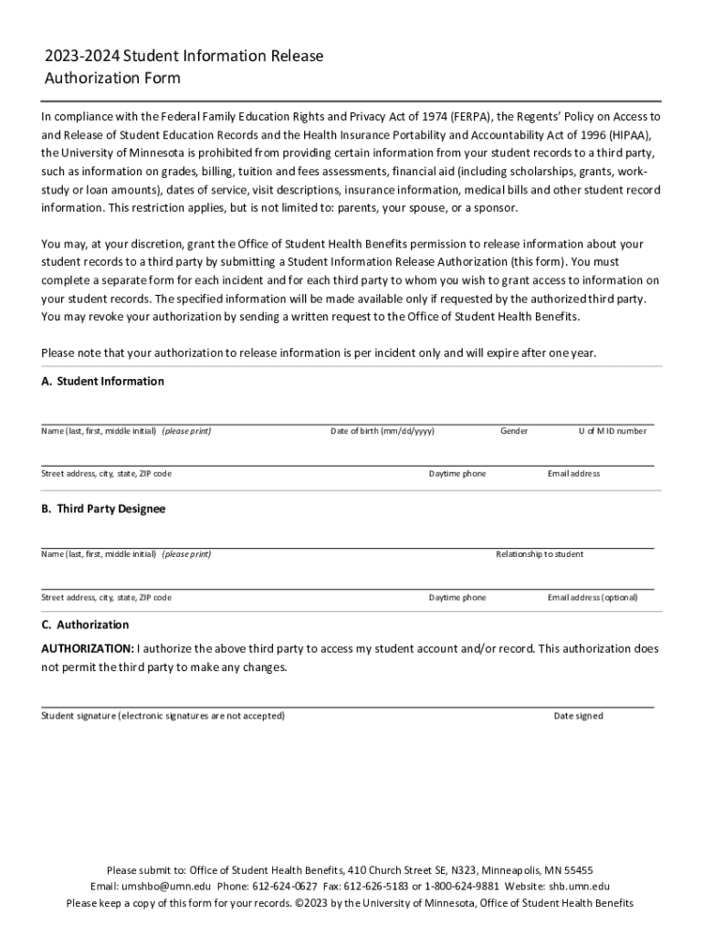 Fillable Online shb umn 2023-2024 Student Information Release Authorization Form Fax Email Print ...