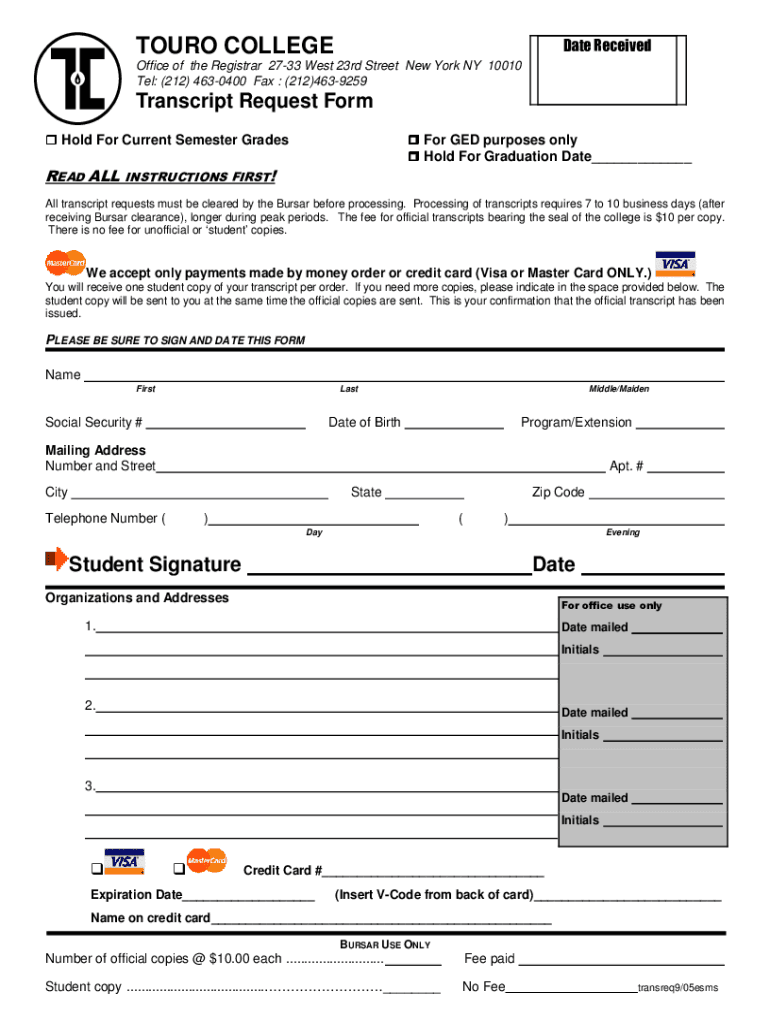 Fillable Online Touro College Transcript Form. Transcript Request ...