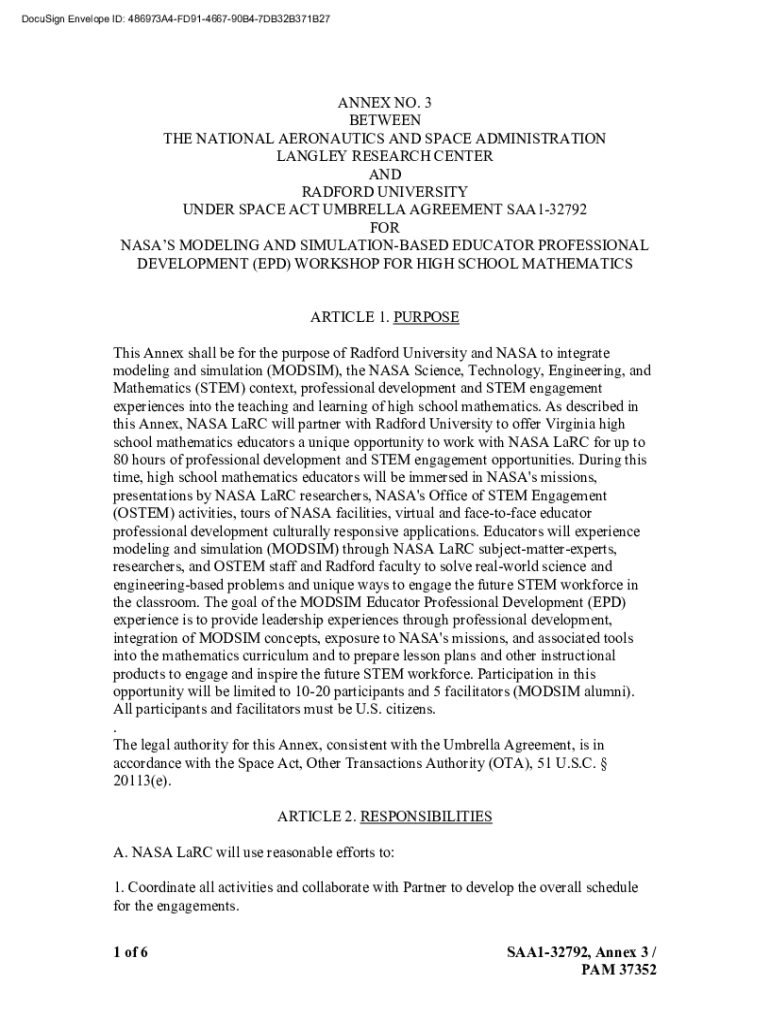 Fillable Online nonreimbursable space act umbrella agreement saa1-32792 Fax Email Print - pdfFiller