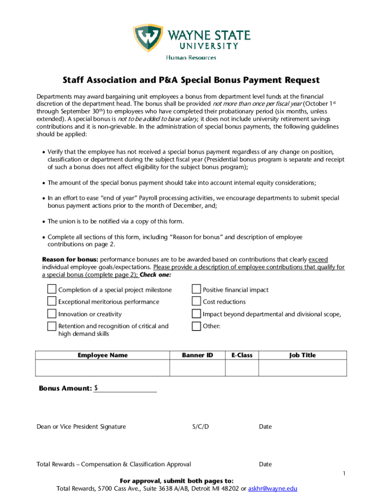 Fillable Online hr wayne Special Bonus Payment Request Form Fax Email ...