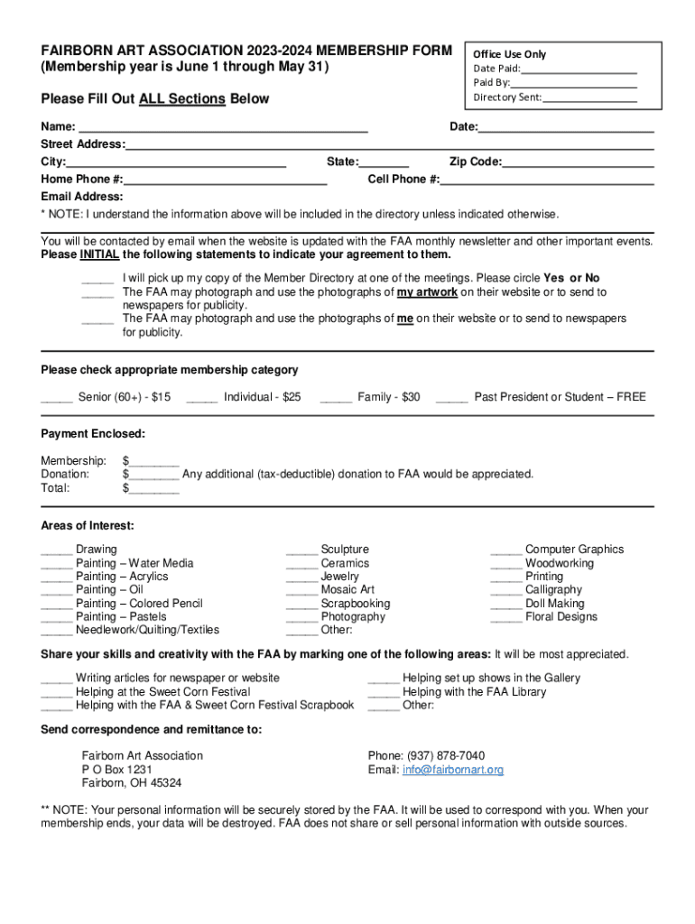 Fillable Online FAIRBORN ART ASSOCIATION 2023-2024 MEMBERSHIP FORM ...