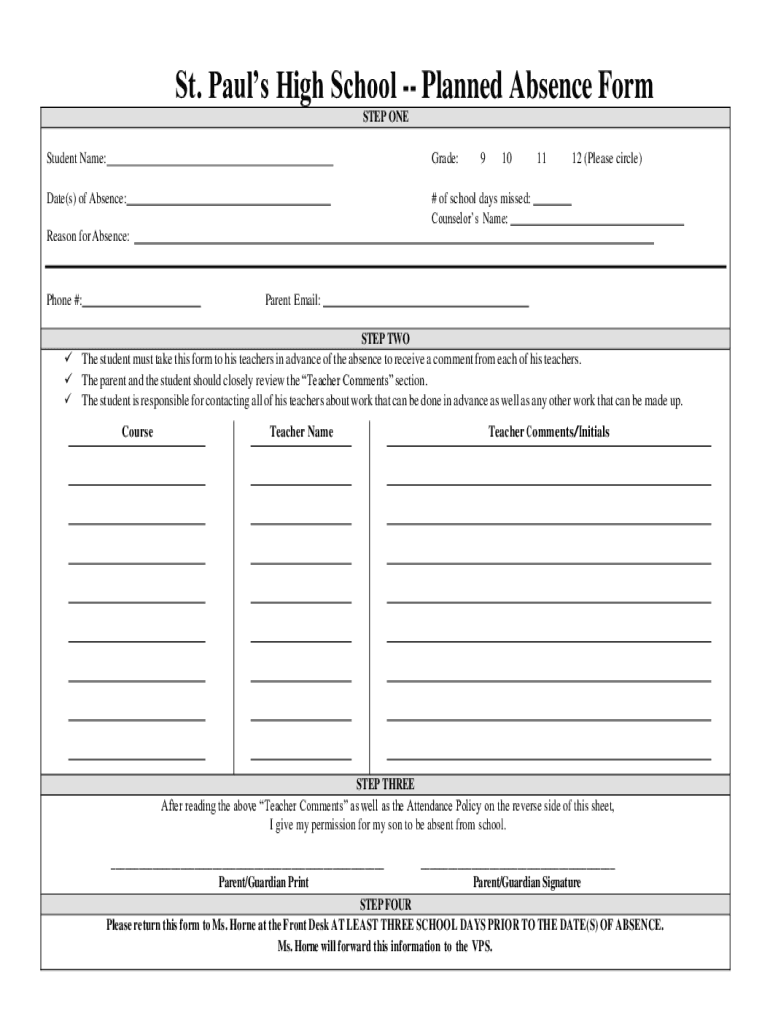Fillable Online Sts. Peter and Paul School PLANNED ABSENCE FORM Fax ...