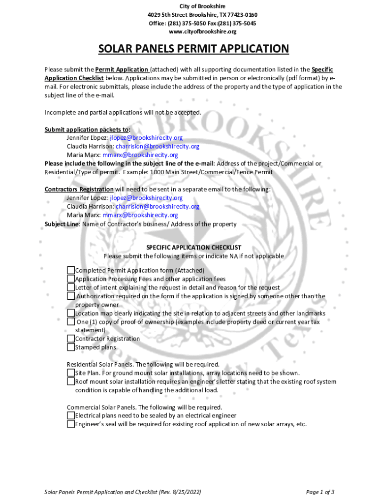 Fillable Online Solar Panels Permit ApplicationCity of Brookshire ...