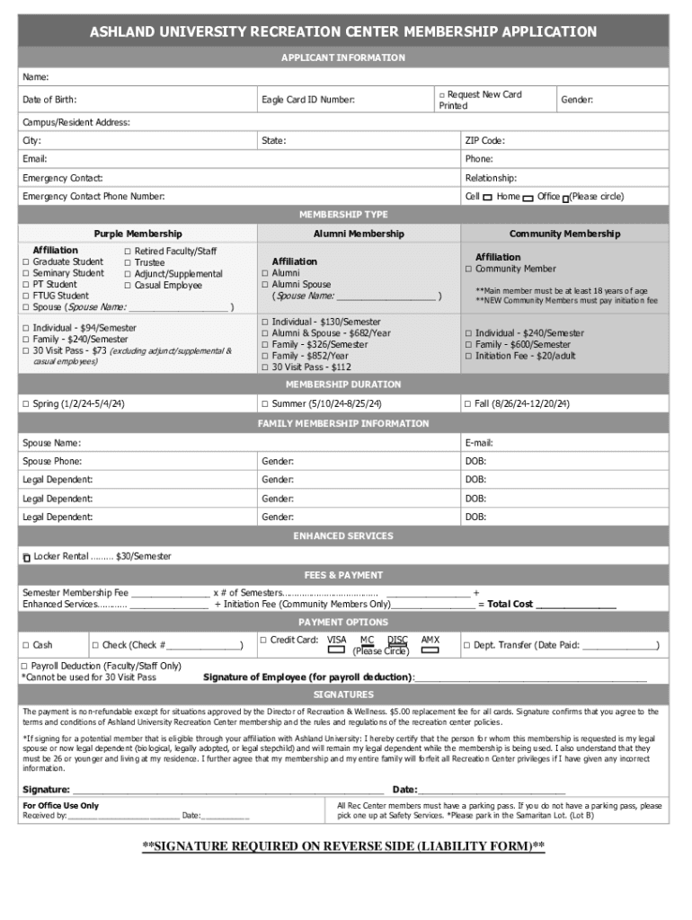 Fillable Online Fillable Online Ashland University Recreation Center ... Fax Email Print - pdfFiller