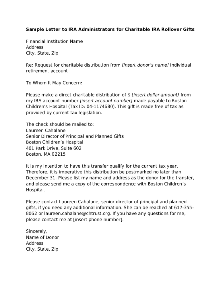 Sample Letter to IRA Administrators for 2011 Gifts - giving childrenshospital Doc Template ...