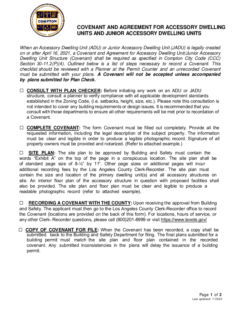 Fillable Online Covenant and Agreement for Accessory Dwelling Unit ...