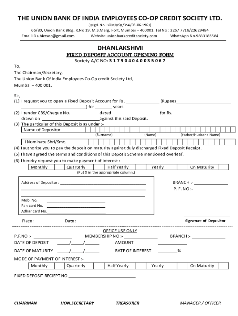 Fillable Online THE UNION BANK OF INDIA EMPLOYEES CO-OP CREDIT SOCIETY ...