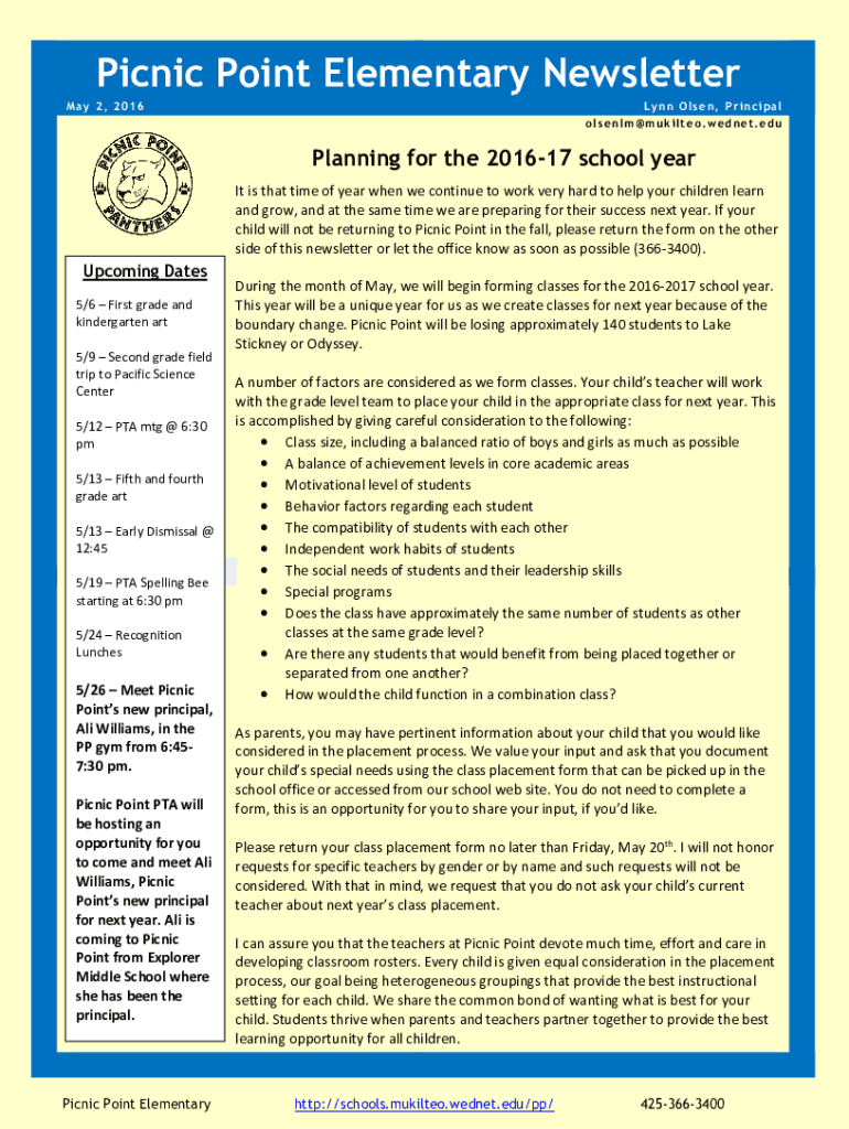 Fillable Online Picnic Point Elementary School Newsletter Fax Email ...